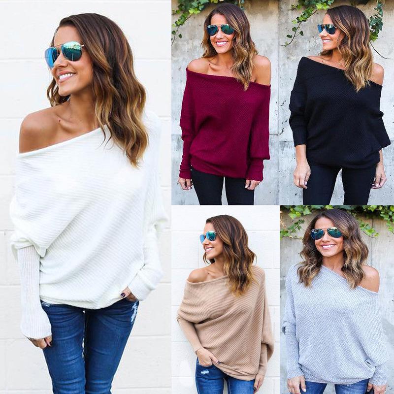 Oversize Women Off Shoulder Batwing Sleeve Knit Sweater Tops Pullover ...