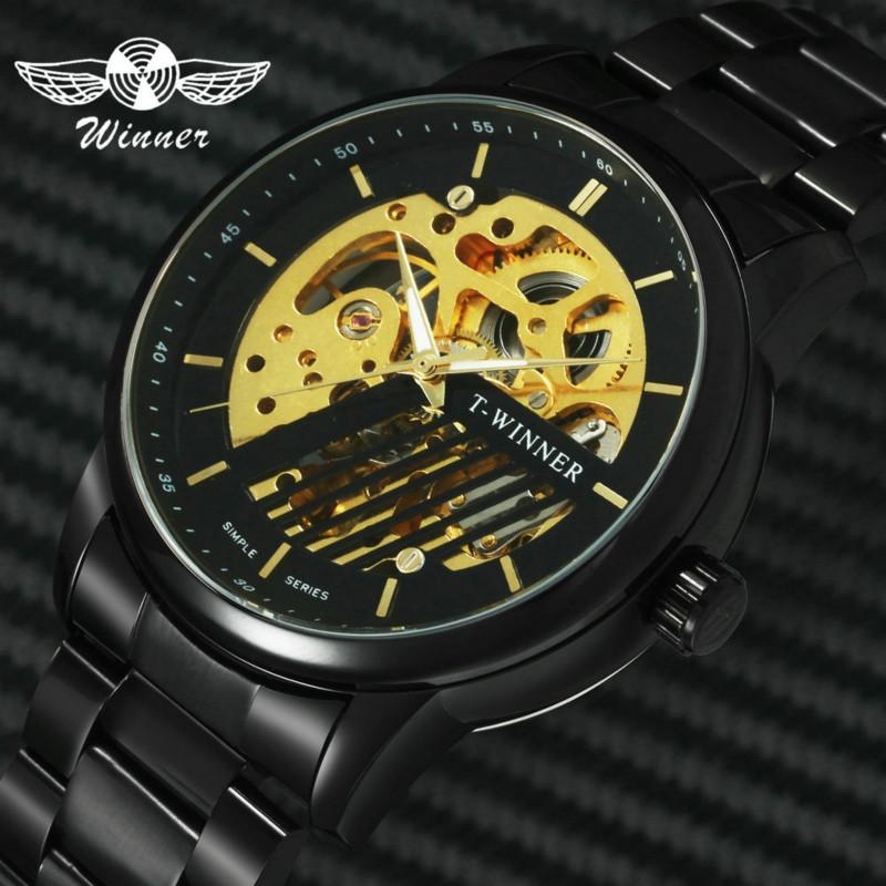 Buy WINNER Black Mechanical Watches Men Skeleton Dial Stainless Steel ...