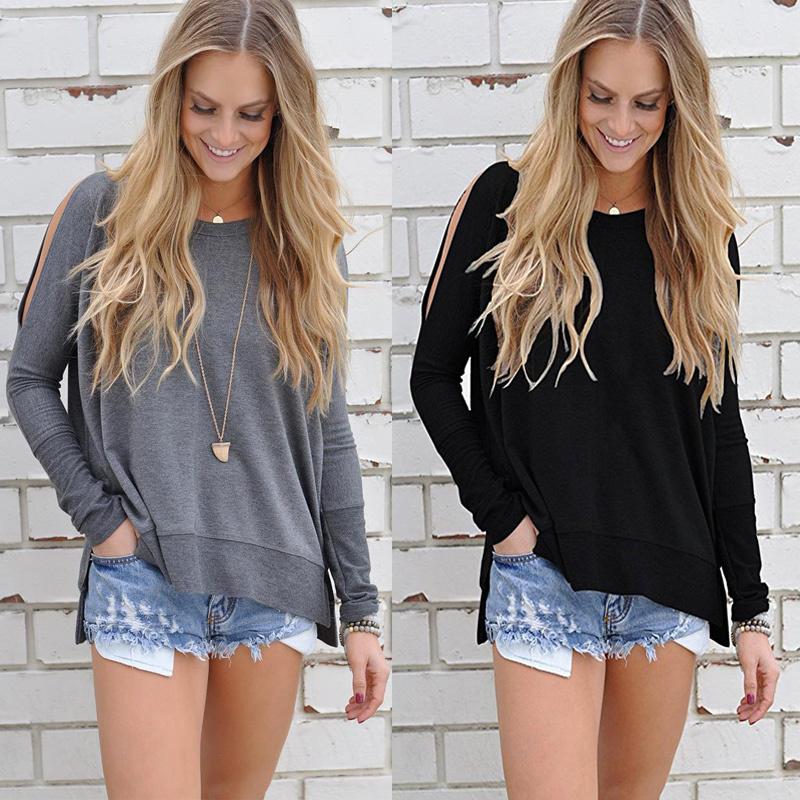 Buy Women Casual Off Shoulder Loose T-shirts Solid Color Long Sleeve ...