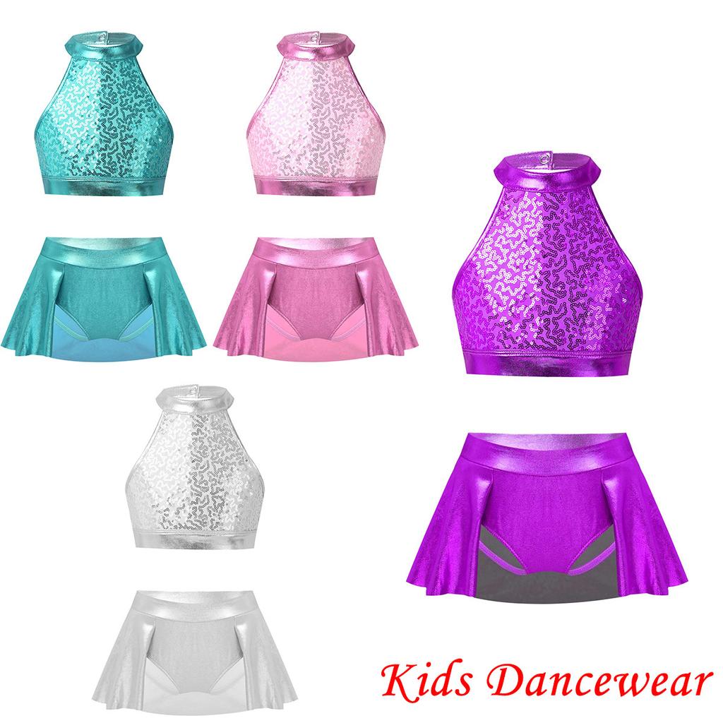 Buy Girls Dancewear Sequins Crop Top with Bottoms Set for Stage ...