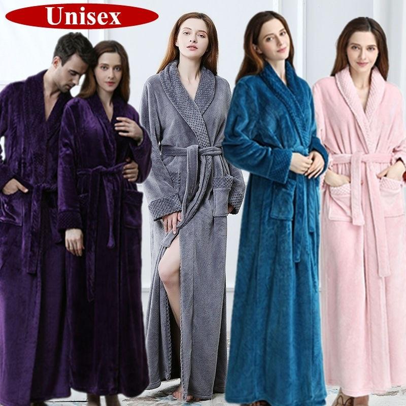 Buy Unisex Flannel Long Sleeves Hooded Robes Pocket Drawstring Robe ...
