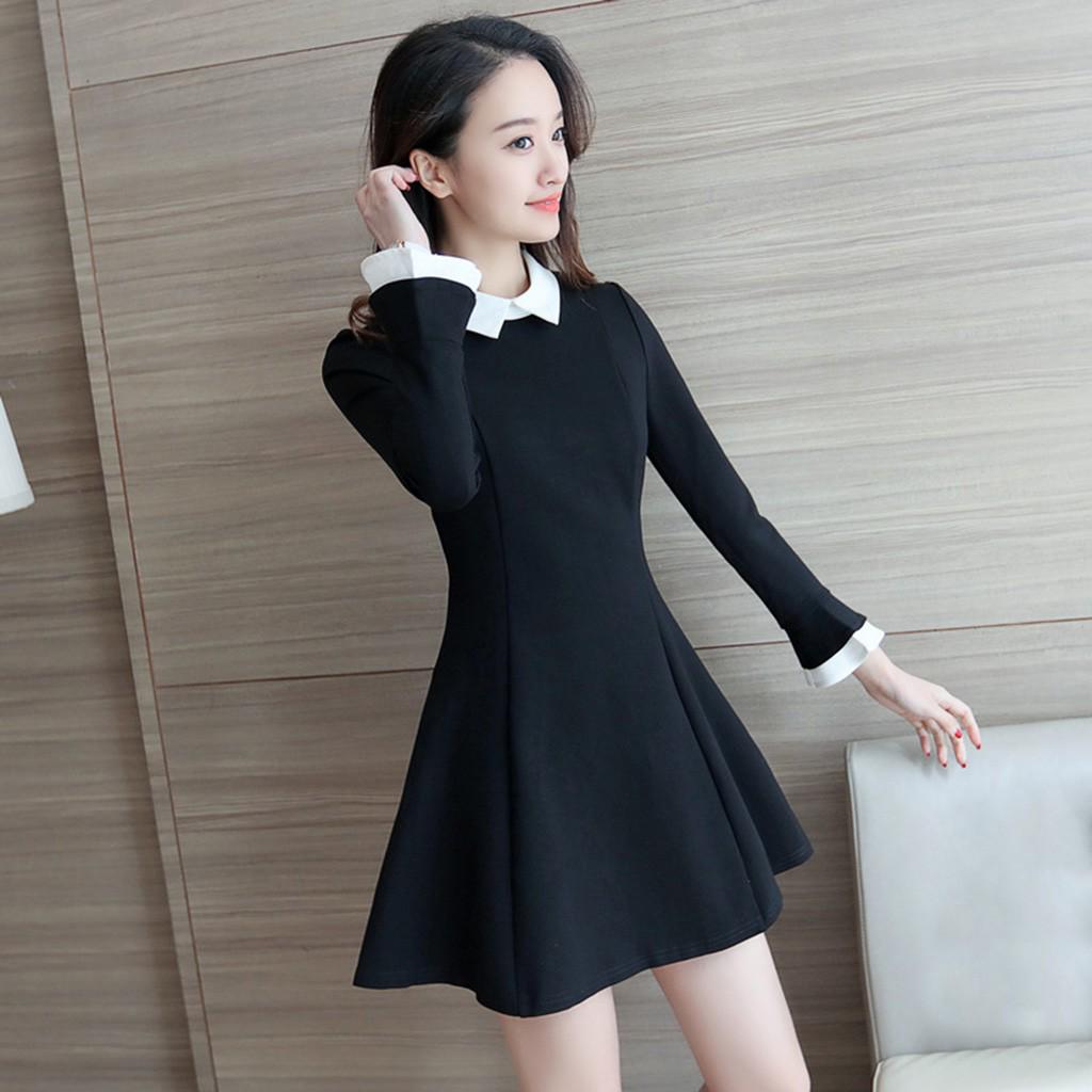 Women's Peter Pan Collar Solid Color Long Sleeve Knee Length Dress ...