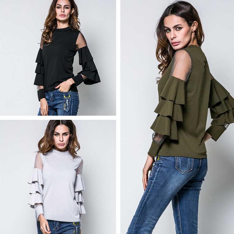 Buy Women Small Stand Collar Net Yarn Splicing T-shirts Pagoda Sleeve ...