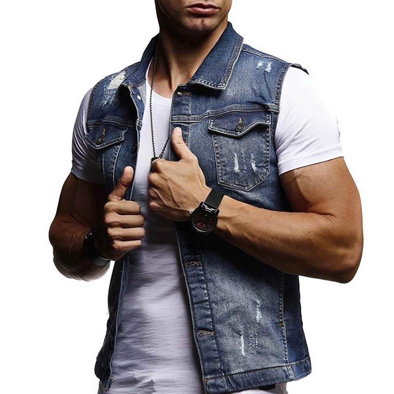 Buy Denim Vest Men Cotton Sleeveless Jackets Blue Casual Fishing Vest ...