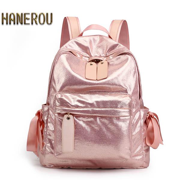 Buy Bling Shiny Pink Cute Bow Ribbon Backpack Waterproof Nylon Soft ...