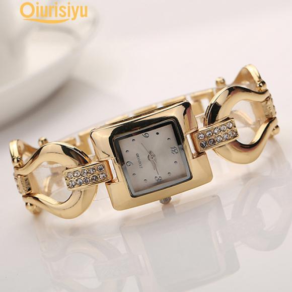 Buy Lady Golden Tone Chain Bracelet Square Dial Analog Quartz Wrist ...