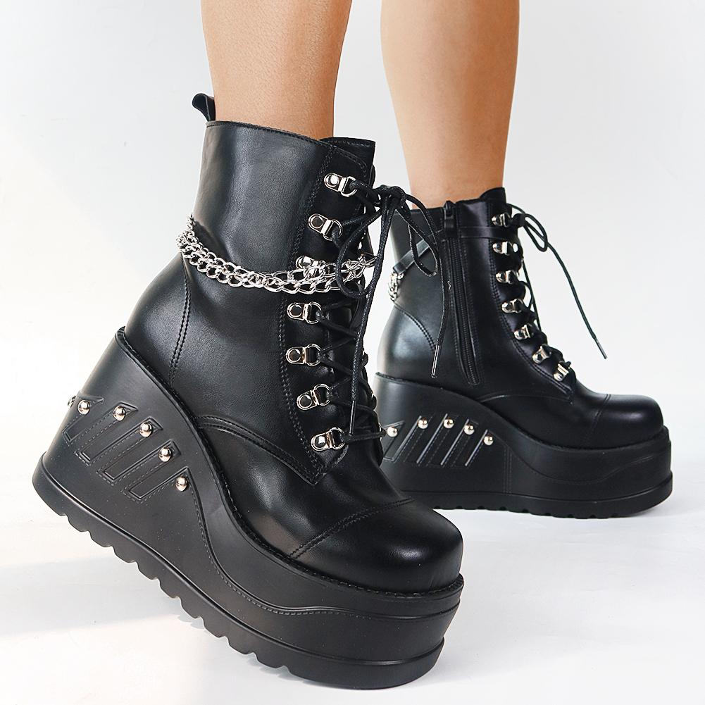 Brand Punk Goth Platform Motorcycle boots Wedges Women's Boot Lace Up ...
