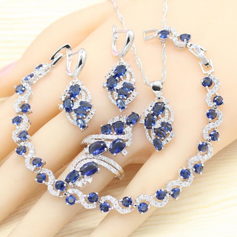 Cheap Silver Color Jewelry Sets For Women Blue Semi-precious Earrings ...