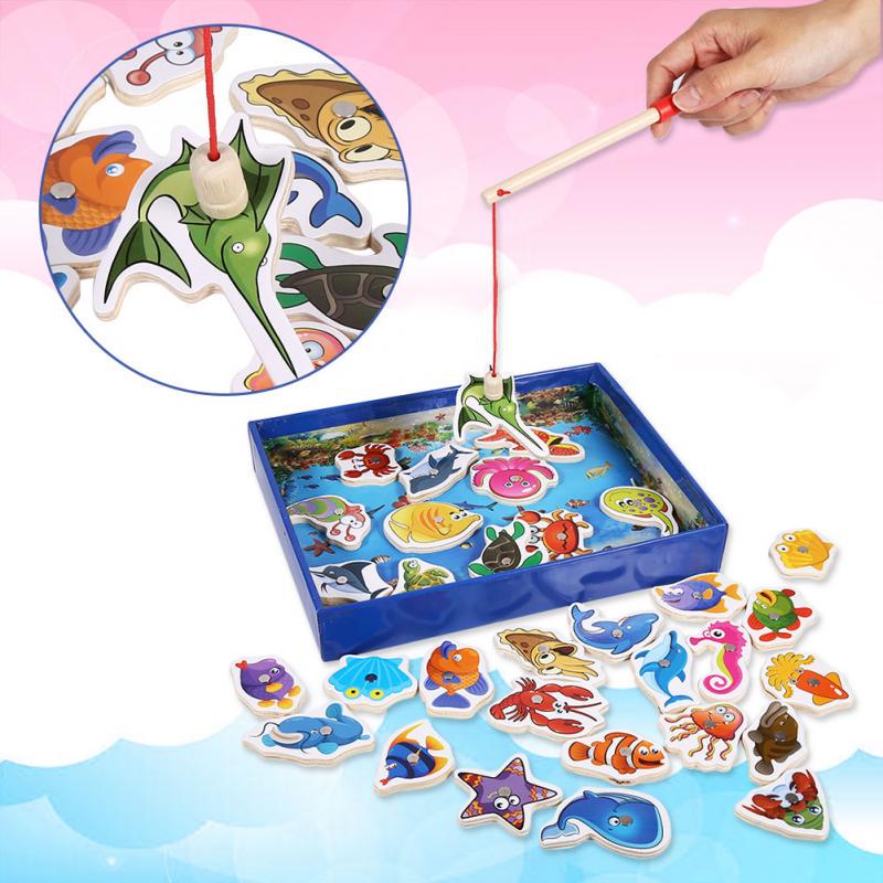 Buy 32Pcs/Set Wooden Magnetic Fishing Rod Toy Fun Game For Kid Children ...
