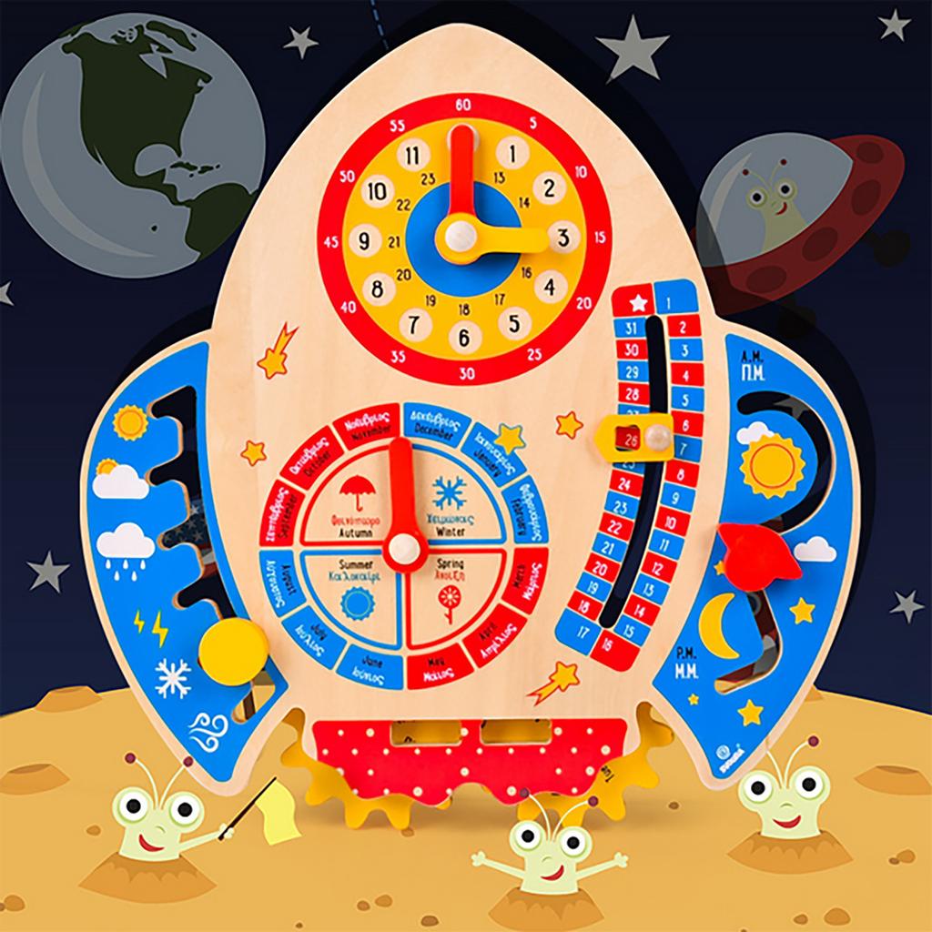 Buy Wooden Clock Cartoon Rocket Calendar Board Wooden Matching Time Toy ...