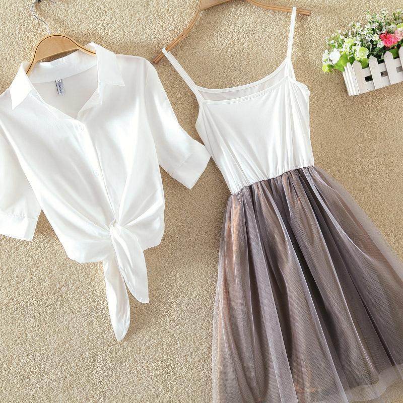 Women's Simple Spring Dress Two-piece Casual Shirt Sling Mesh Dress-buy ...