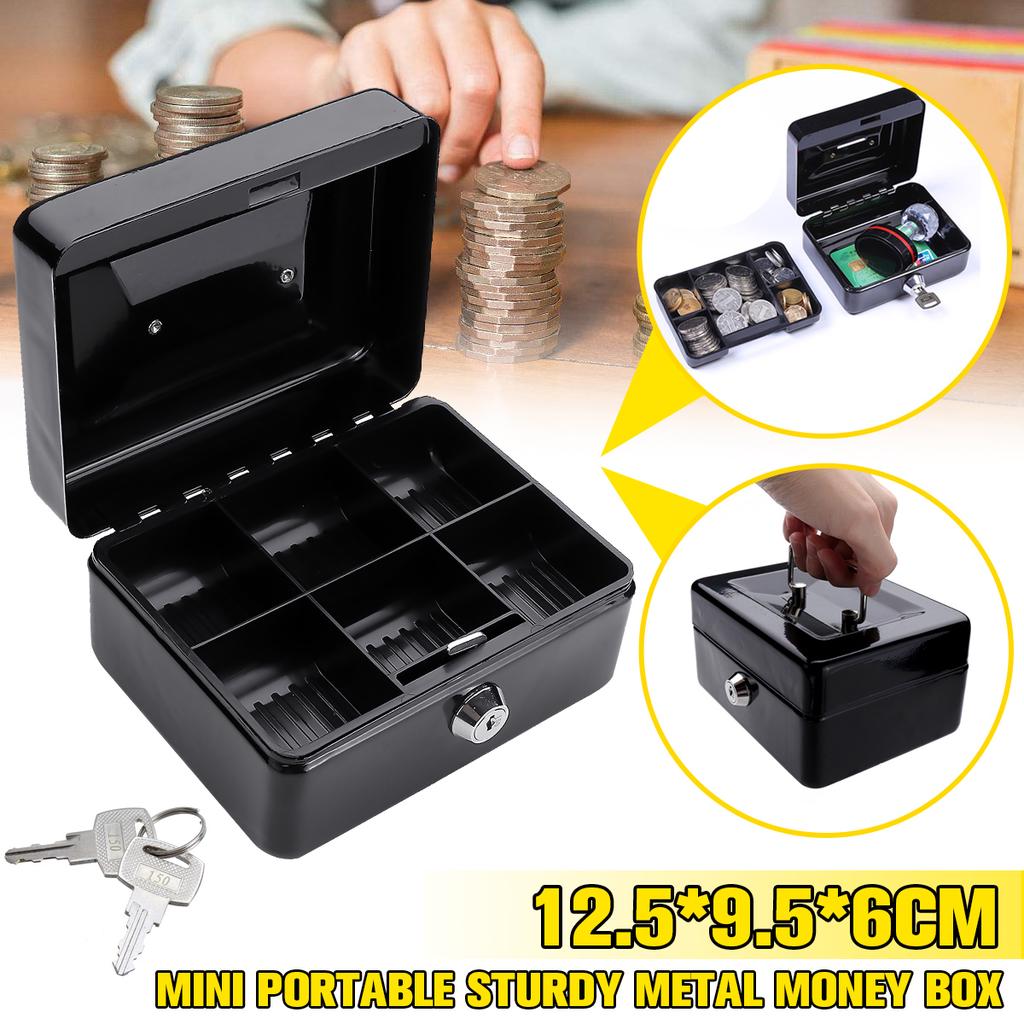 Buy Money Safe Storage Case Black Sturdy Metal With Coin Tray Cash ...