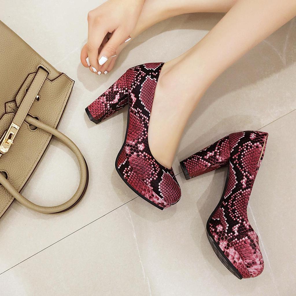 7/Högklackade enkla skor för kvinnor Mode Snake Hud Mönster Tjock klack ...