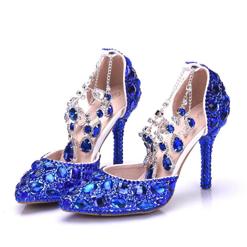 Crystal Queen Women Blue Rhinestone Crystal Wedding Shoes Graduation ...