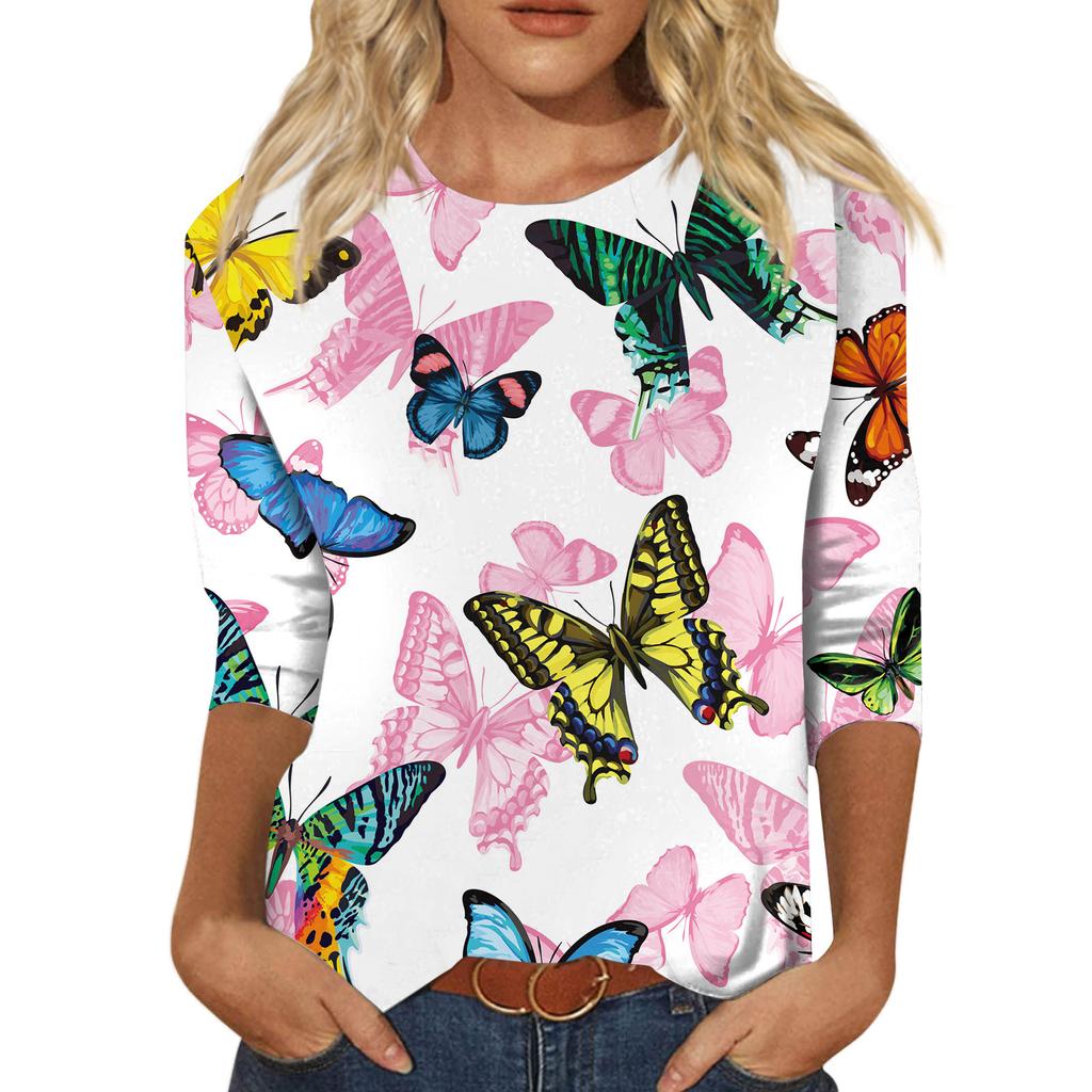 Cheap Women's Fashion Casual Printed Round Neck Seven-Point Sleeve Top ...
