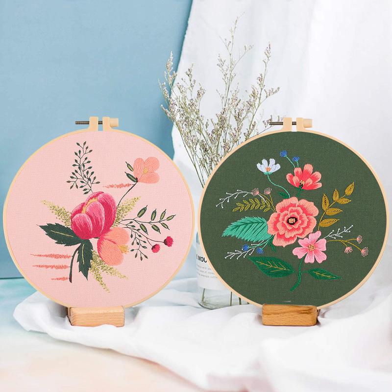 Buy 6 Pcs/set Fabric Floral Embroidery Diy Kit With Embroidery Stretch ...