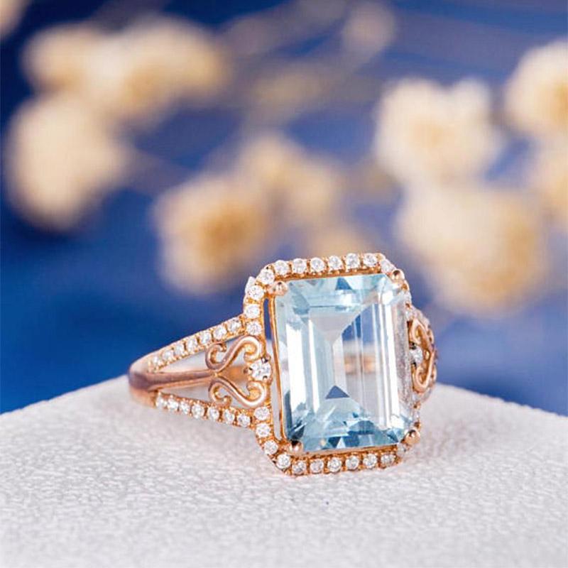 Exquisite Women Rose Gold Color Rectangle Blue Crystal Engagement Ring ...