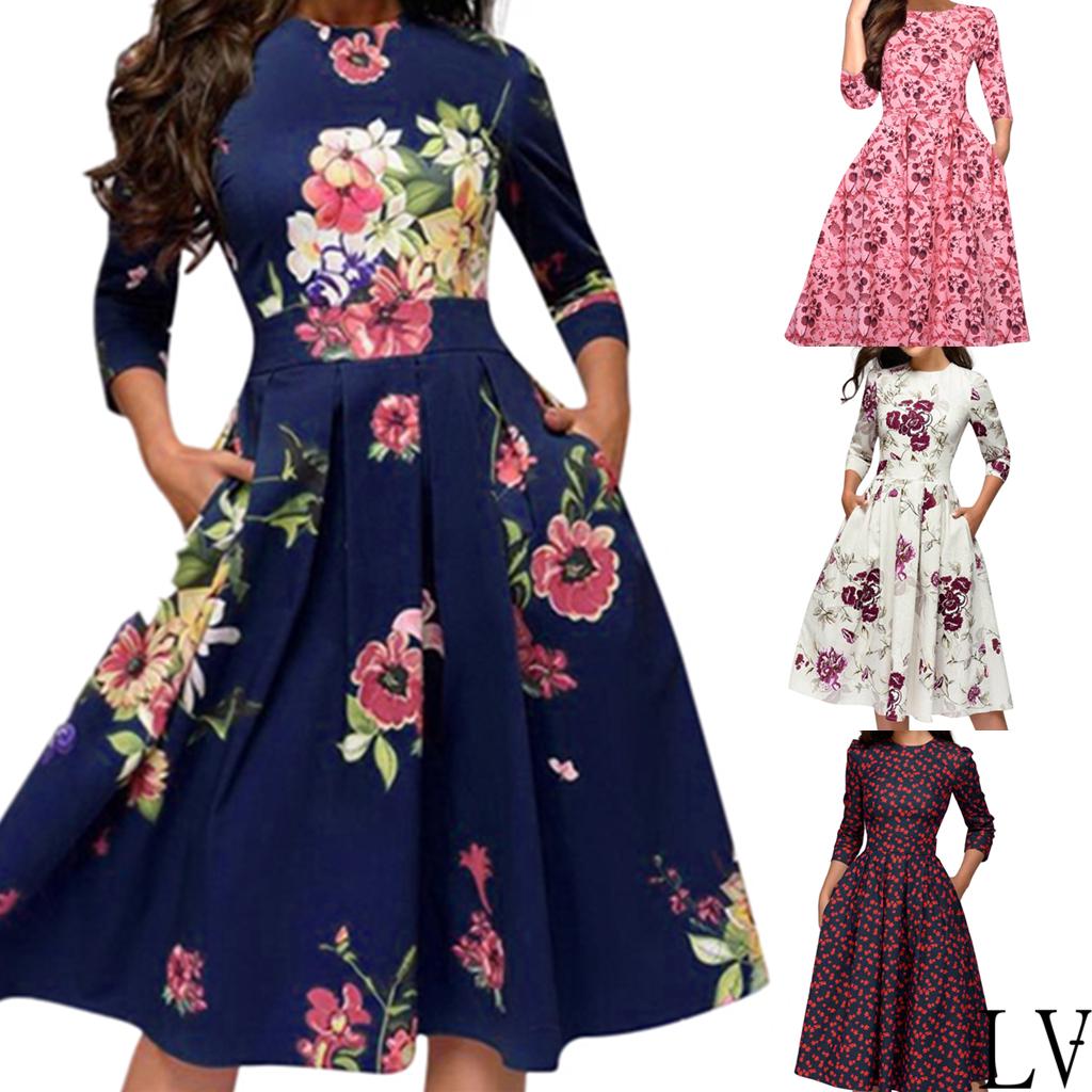 Kadın Bayan Moda Baskı Elbiseler Elegent A-line Parti Vestidos Elbise ...