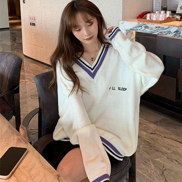 Осінньо зимовий V подібним вирізом светр для студенток вільний і тонкий середньої довжини коледж