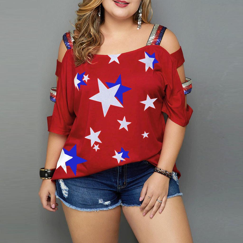 Buy Women Plus Size Casual Flag Print Off Shoulder Slings Sleeve Top T ...