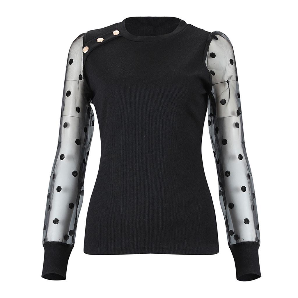Buy Women Polka Dot Sheer See-through Long Puff Sleeve Blouse Club T ...