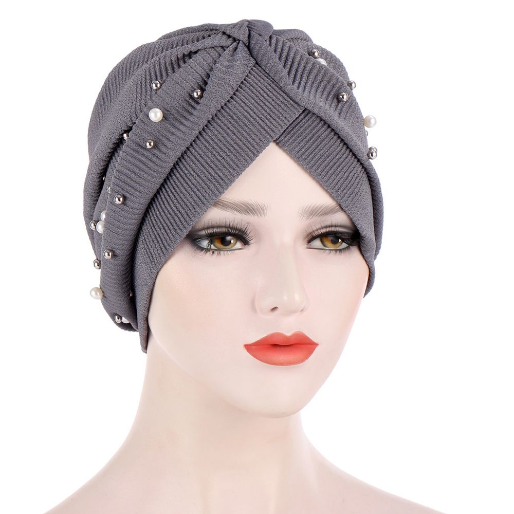 Buy Solid Color Pearl Beads Headwear Turban Hat Muslim Hijab Caps Women ...
