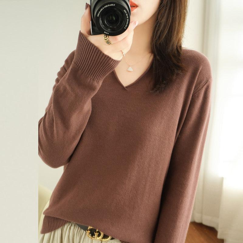 Female Round Neck Bottom Sweater Loose Long Sleeve Sweater Solid Color ...