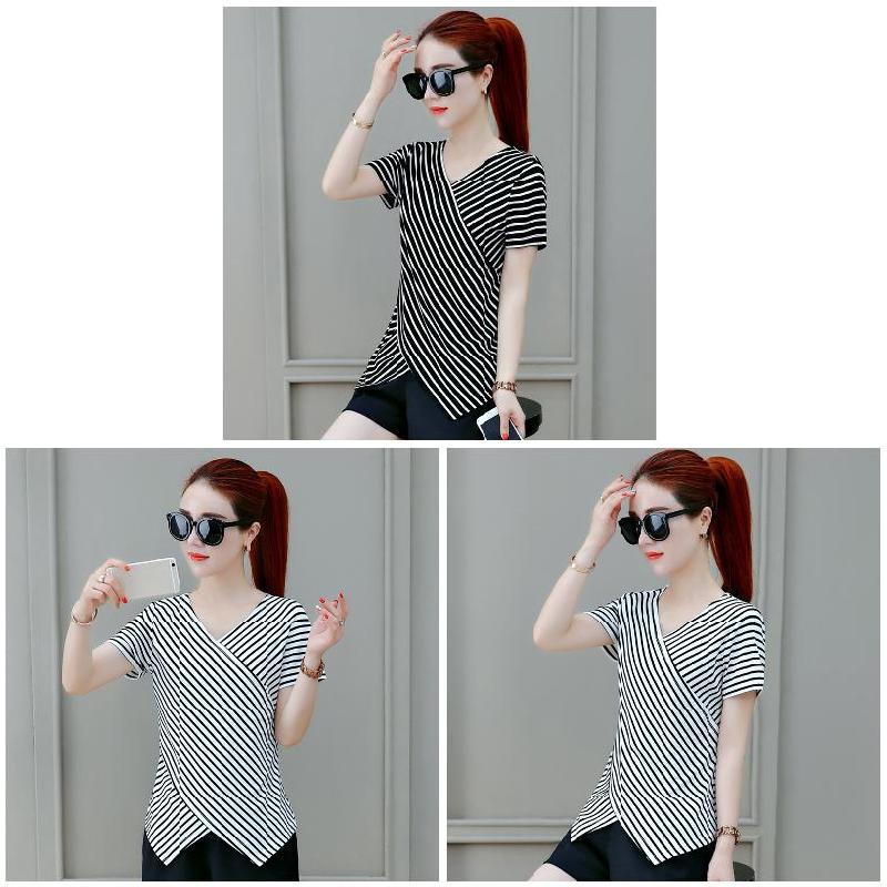 Buy V-neck Irregular Hem Tops T-shirt Slim Short Fit Sleeve Summer ...