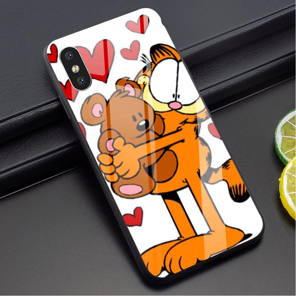 Cute Garfield Glass Phone Case for Redmi Go Xiaomi Huawei P9 Honor ...