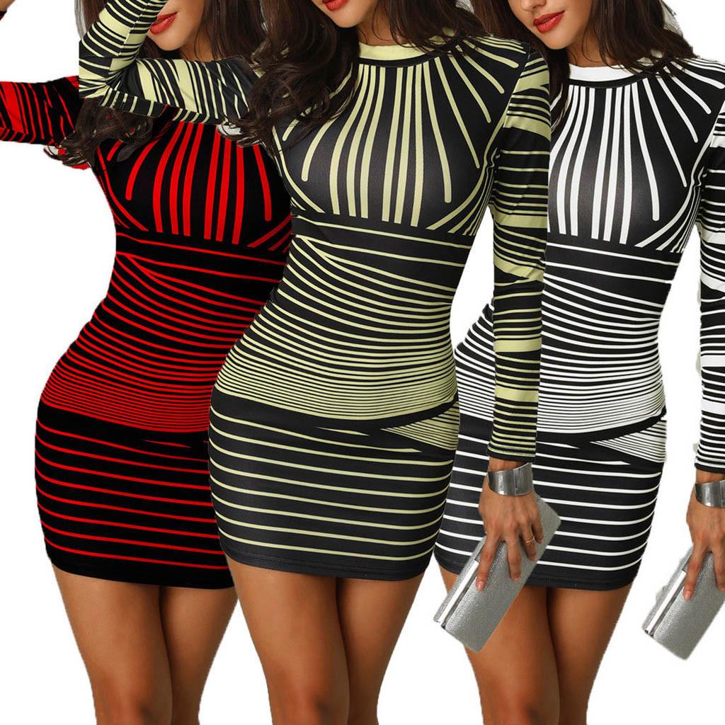 Buy Women Long Sleeves Bodycon Striped Printed Zipper Party Evening ...