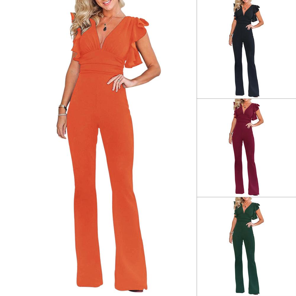 Buy Sexy Women Bodycon Bodysuits Ruffle Deep V Neck High Waist Wide ...