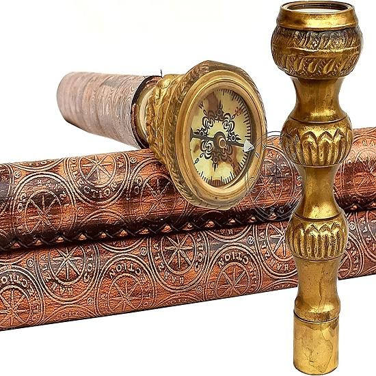 Buy Compass Top Brass Handle Walking Stick Men's Cane with Leather ...