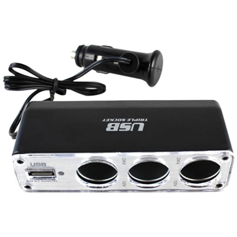Buy 3 Way Car Sockets Adapter Splitter USB Charger With Power Control ...