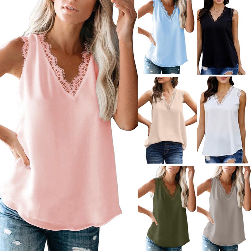 Buy Women V Tank Top Vest Solid Sleeveless Casual Neck Summer Blouse at ...
