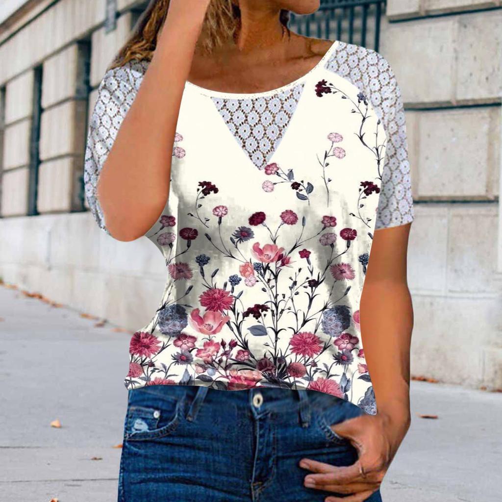 Cheap Women Fashion Casual Printing Shirts Short Sleeve Loose Plus Size