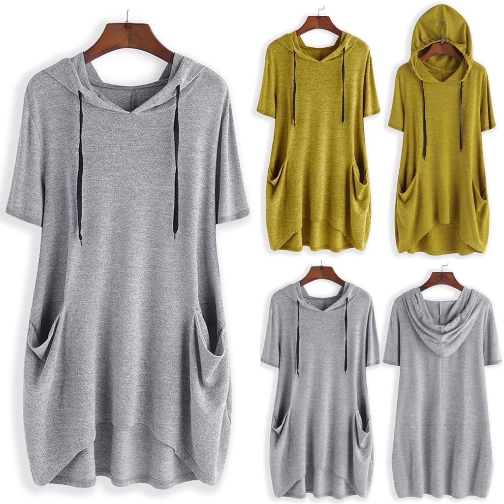 Buy Women Casual Solid Cat Ear Hooded Short Sleeves Pocket Top Blouse ...