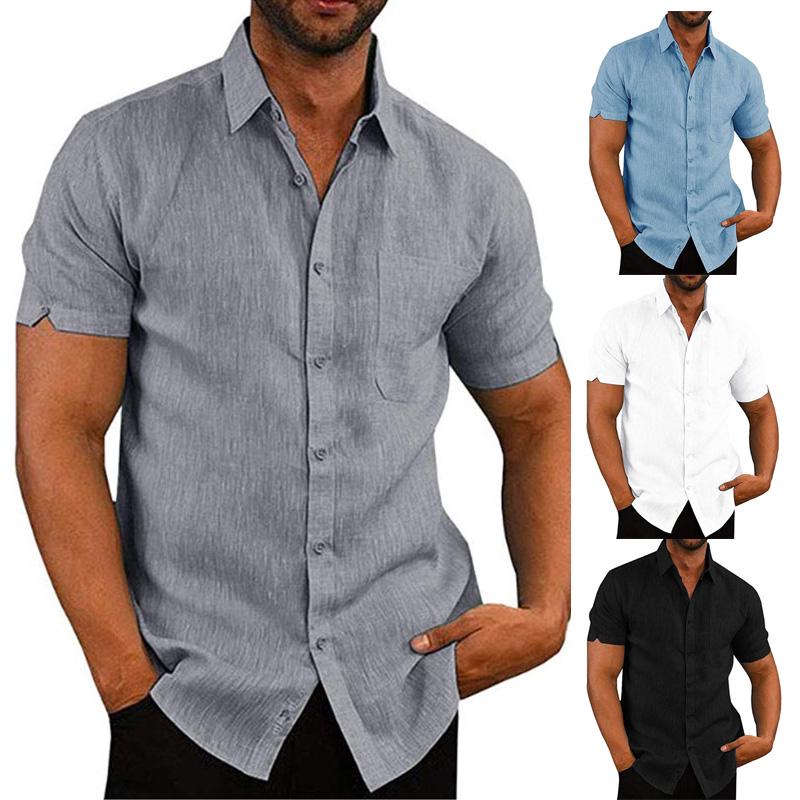 Buy Men's Shirts Solid Short Sleeve Button Casual Tops Male Streetwear ...