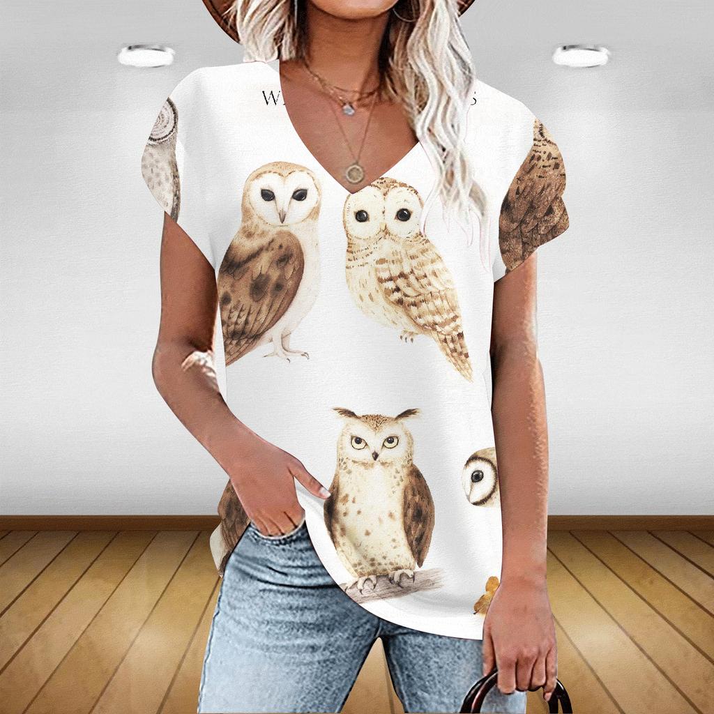 Women's Round Neck Short Sleeve Loose T-Shirt Plus Size Girls Top Cute Owl Print smallfresh ...