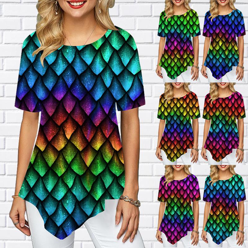 Cheap Women Plus Size Ladies Tee Shirts Colorful Fish Scales Print ...