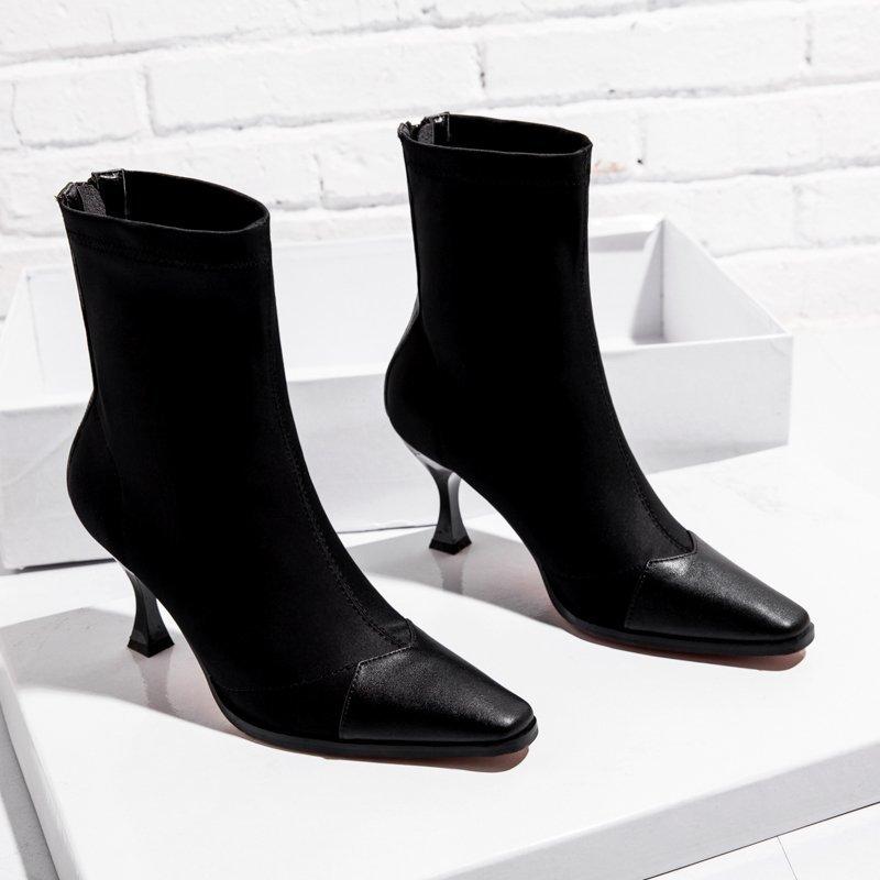 2021 Winter Net Red High-heeled Elastic Boots Women's Color Matching ...