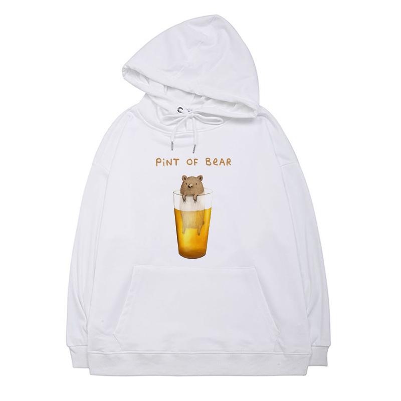 Autumn Pint Of Bear Print Unisex White Hoodies Drawstring Pocket Female ...