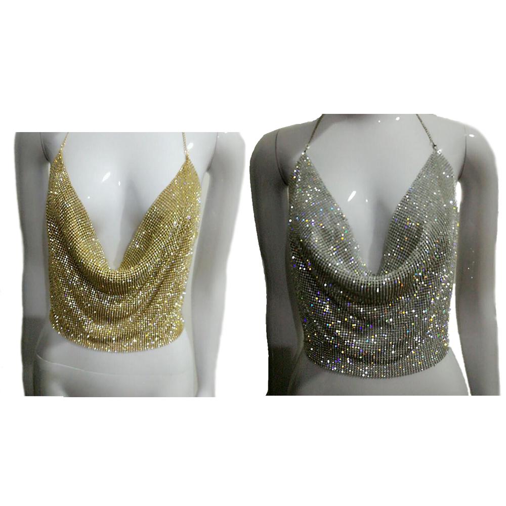 Buy Deep V Metal Halter Draped Bra Tops Sexy Sparkly Chainmail Crop ...