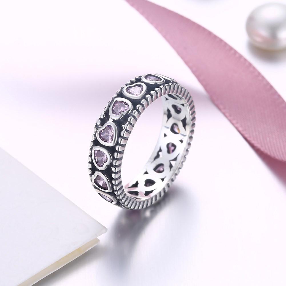 S925 Trendy Fashion Sterling Silver Retro Style Inlaid Pink Heart ...