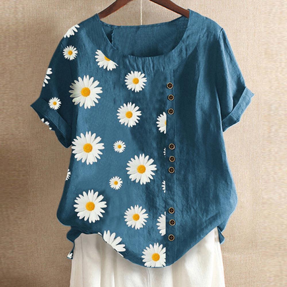 Buy Women's Summer Print Cotton Linen Blouse Shirt Short Sleeve Buttons ...