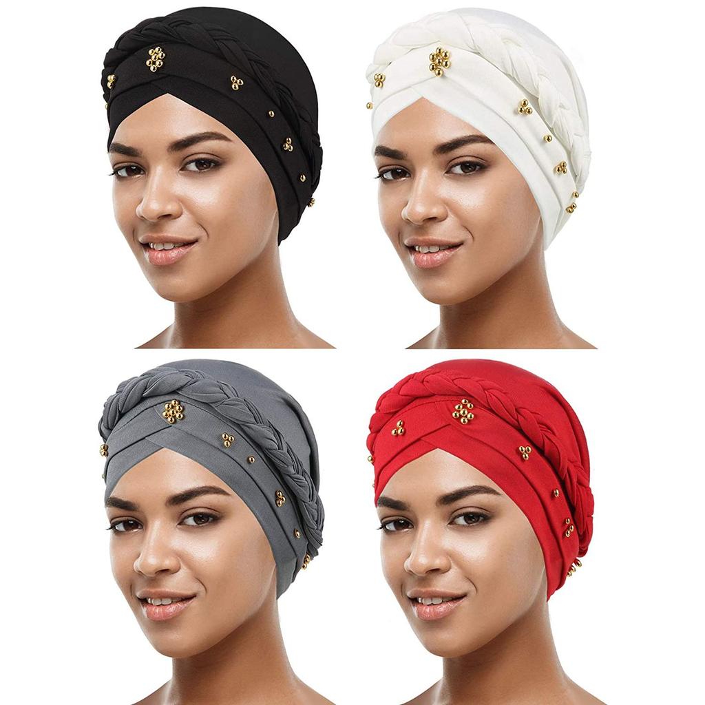 Buy Milk Silk Faux Pearl Muslim Twisted Braid Wrap Hat Women Turban Cap ...