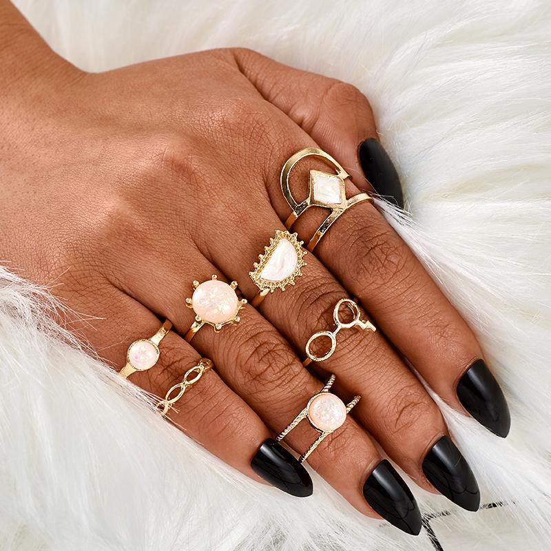 Buy 7pcs Bohemian Vintage Punk Knuckle Ring Set Women Pink Rhinestone ...