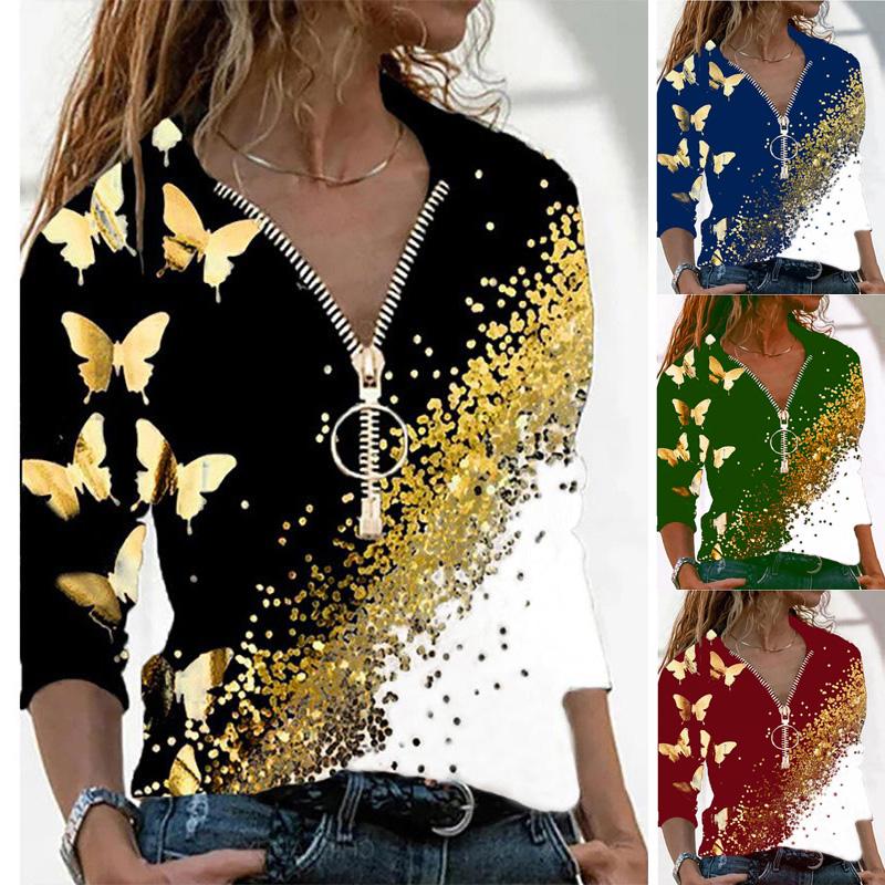 Buy Women Fashion Long Sleeve Butterfly Print T Shirt Zipper V Neck ...
