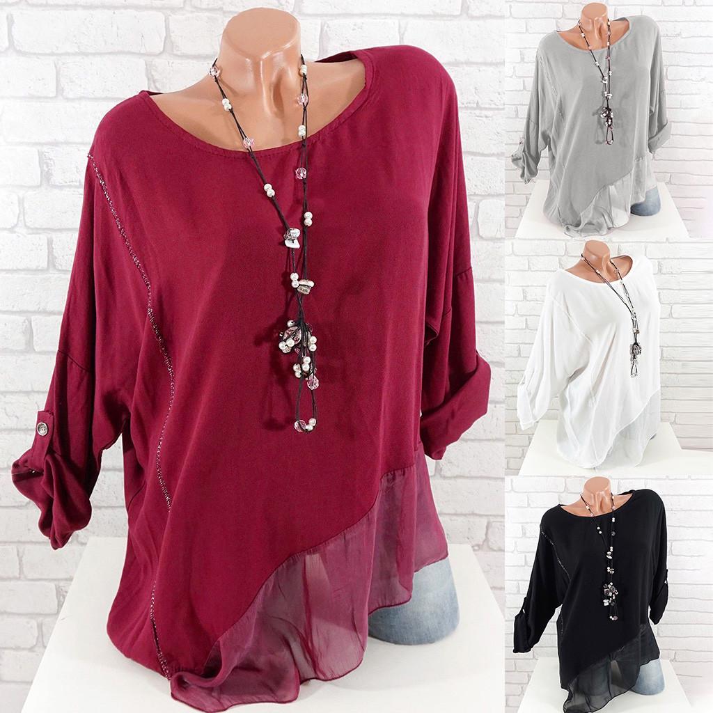 Buy Women Round Neck 3/4 Sleeve Asymmetrical Hemline Patchwork Chiffon ...