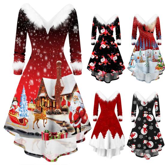 Buy Dress V Neck Santa Claus Print Autumn Winter High Low Snowman ...