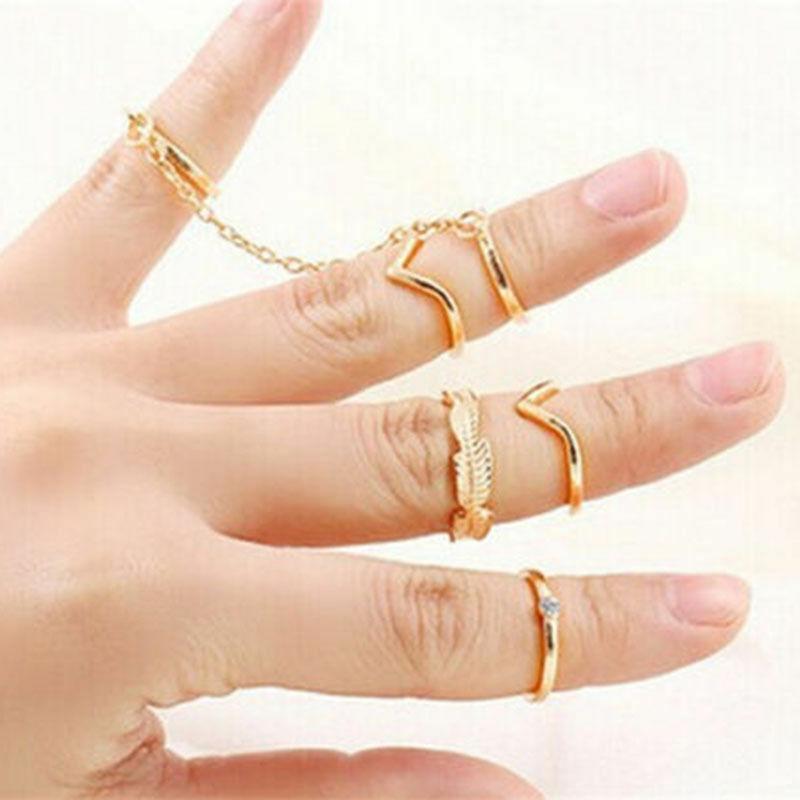 Buy Punk Leaf Crystal Knuckle chain V shape Simplicity stacking Set Band Rings at affordable ...